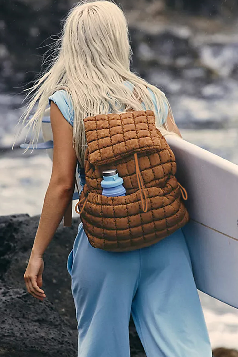 Coffee Solid Flapped Quilted Puffer Backpack – o0psty